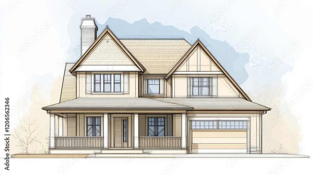 A detailed architectural rendering of a two-story house with a porch ...