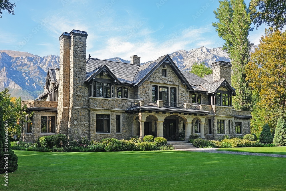 Ilustración de Stock Beautiful stone house with lush green lawn and ...