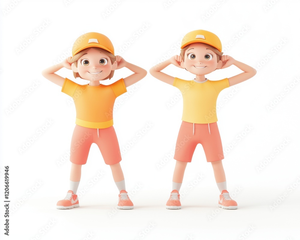 3d stretching sportswear cartoon character concept. Two cheerful ...