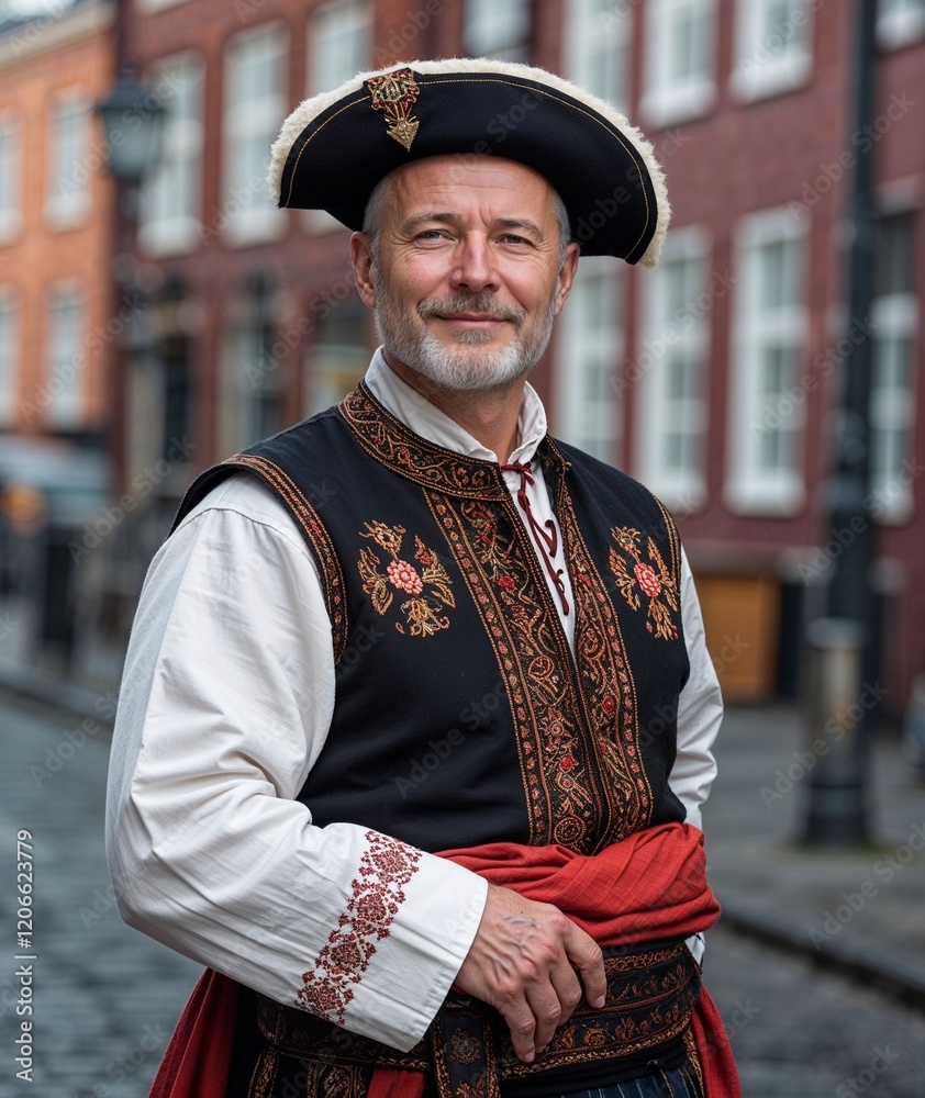 Adult man of Danish nationality in traditional attire with relaxed pose ...