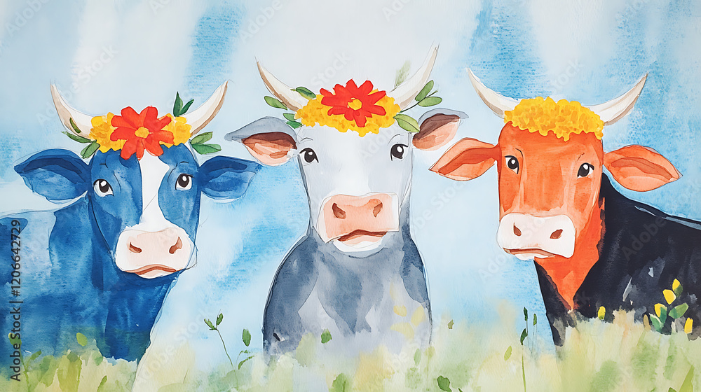 Watercolor art of cows and calves decorated with turmeric and garlands ...