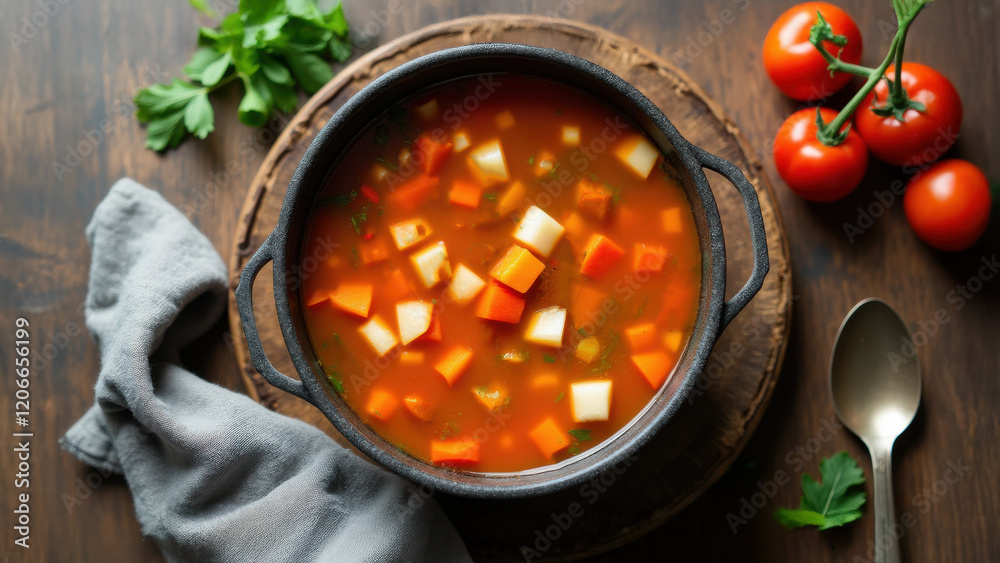A top-down image of homemade vegetable soup in a cast iron Dutch oven ...