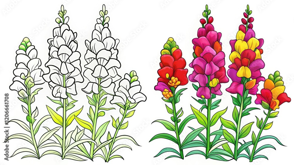 Cartoon Snapdragon coloring page: a panoramic floral design, perfect ...