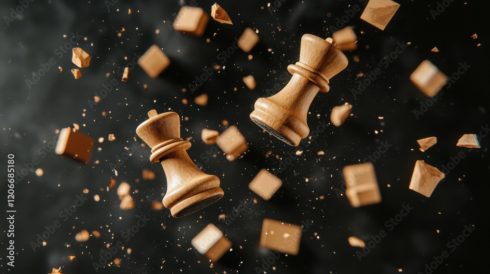 Bliss Ease Games campaign. Chess pieces in mid-air with wooden blocks ...