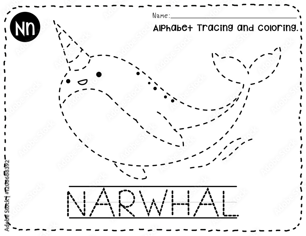 Narwhale alphabet N letter tracing, Animal trace and coloring pages for ...