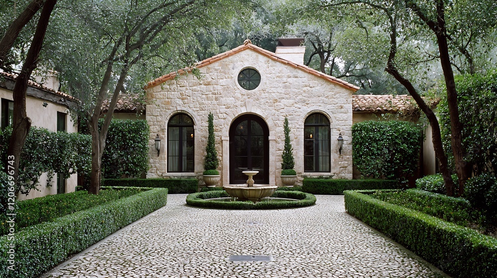 Traditional European manor with stone walls tall arched windows and a ...
