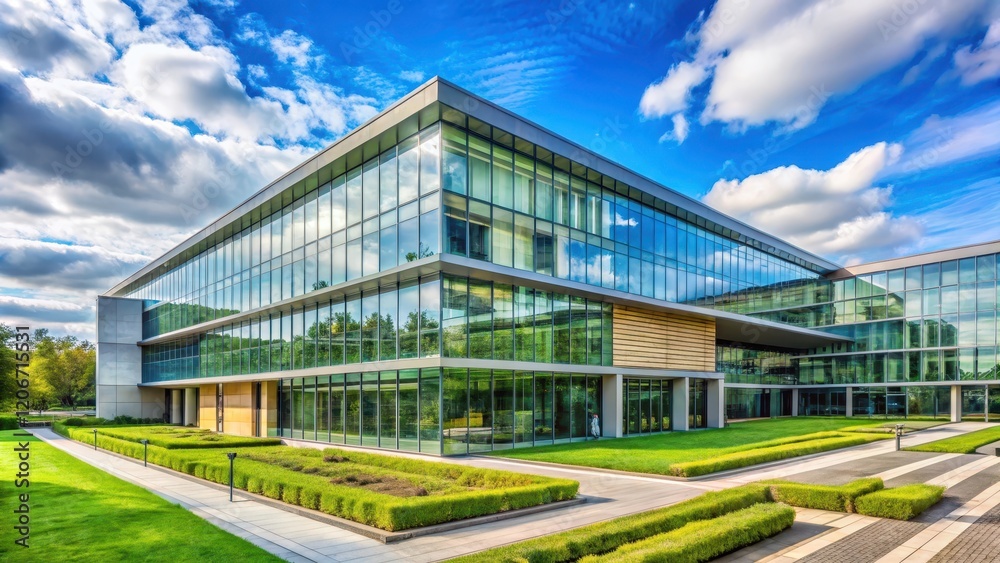 Ilustración de Stock Modern college campus building with sleek glass ...