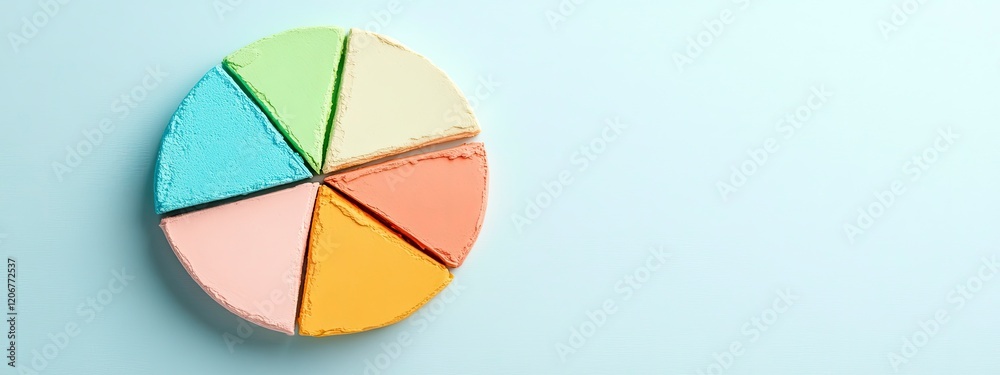 Colorful pie chart made of textured paint segments on a light blue ...