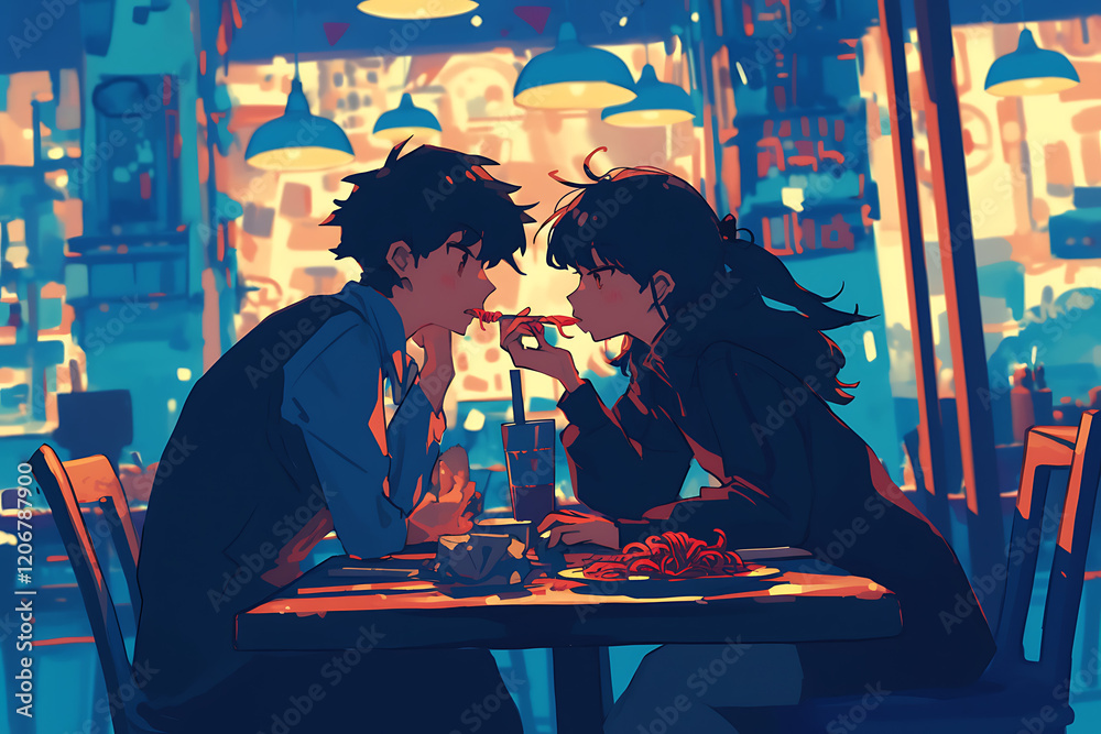 Romantic dinner scene in a cozy restaurant with two people sharing a ...