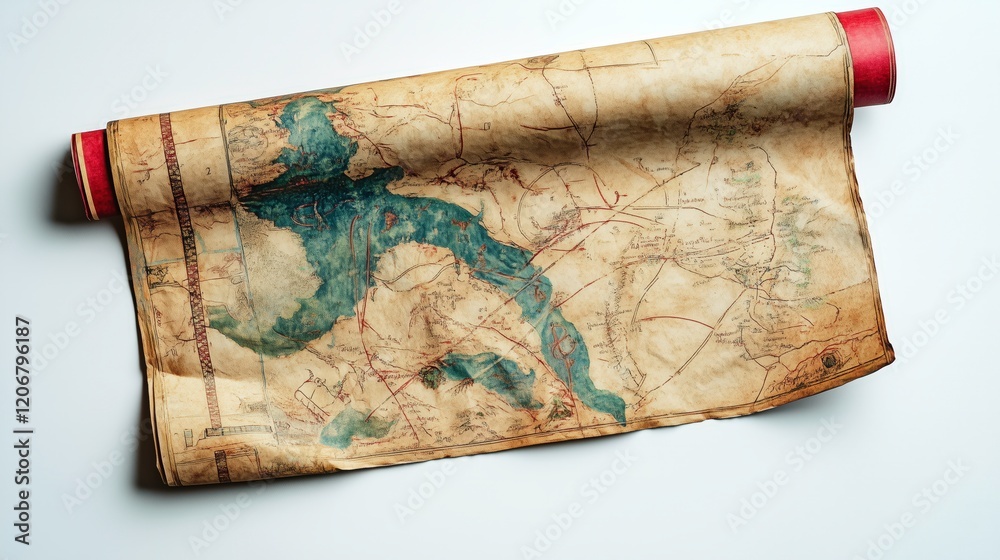 Ancient Rolled Map: A weathered, antique map scroll, partially unfurled ...