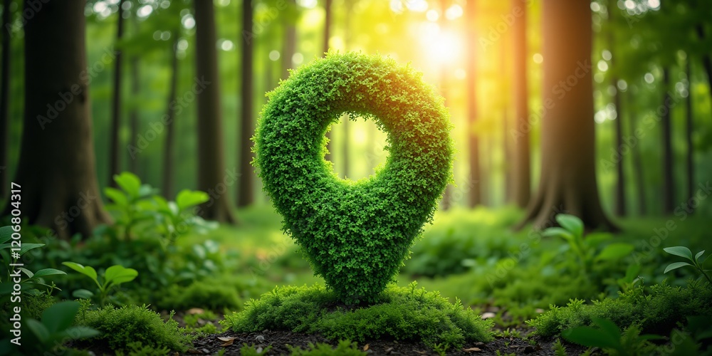 Nature's GPS: A verdant map marker nestled in a sun-dappled forest, a ...