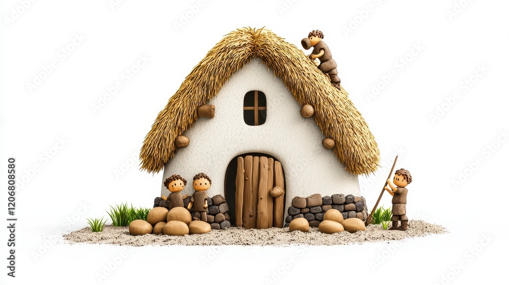Cartoon Villagers by Thatched Roof House Cartoon villagers working ...
