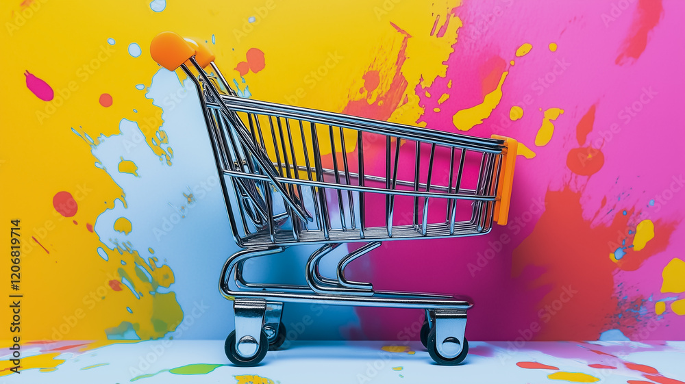 Shopping Cart Pop Art: A vibrant and playful shopping cart sits against ...