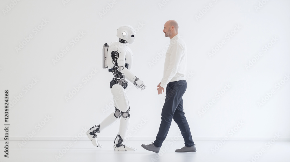 Human Robot Interaction A Man And A Humanoid Robot Walk Side By Side Provoking Questions About