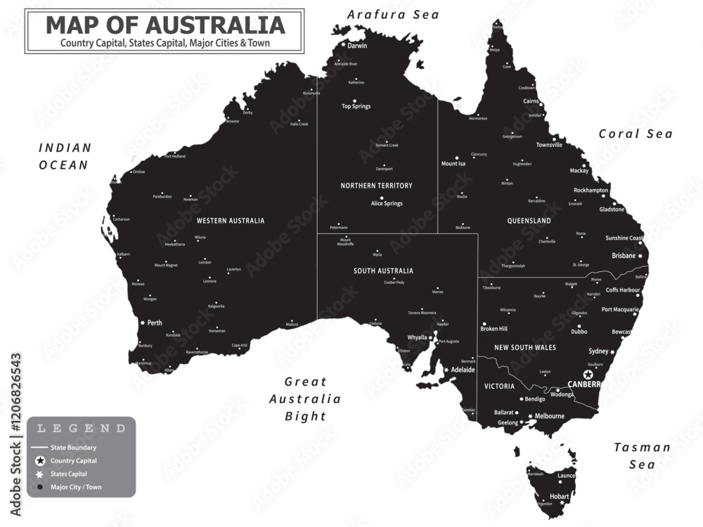 Australian Countries Geography Political map. Political map of country ...