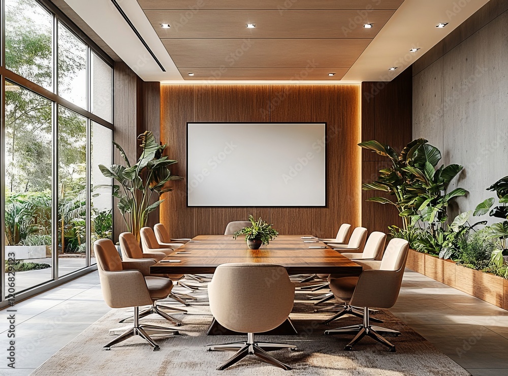 Modern conference room with large blank screen displaying mocha mousse ...