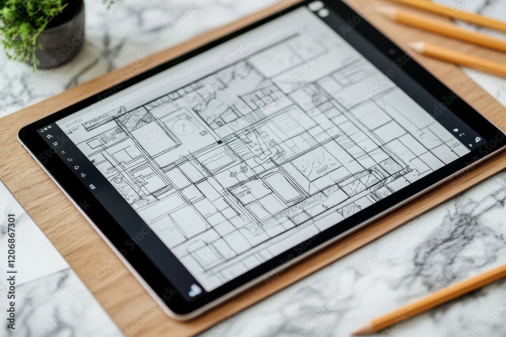 Tablet Displaying Architectural Sketch Home Design Blueprint Floor Plan ...