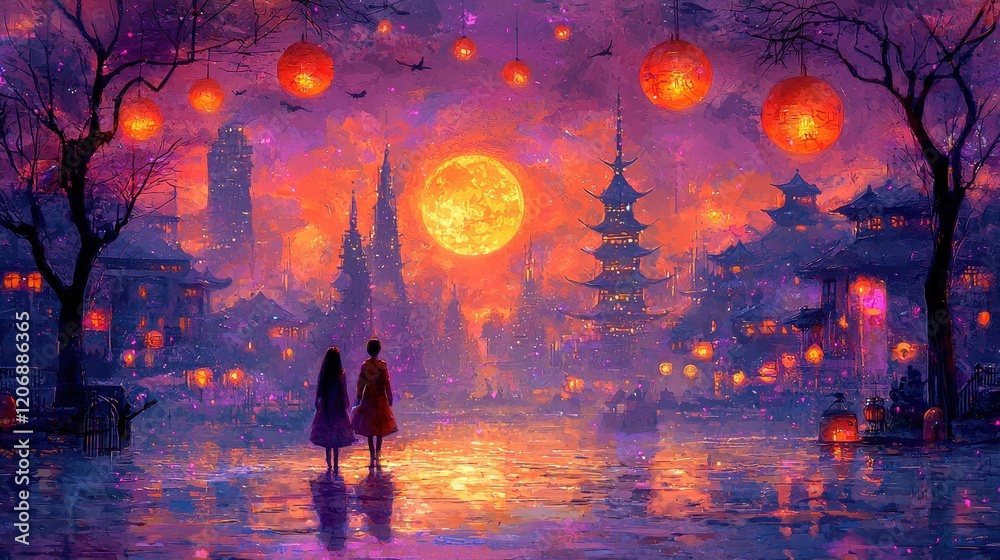 A cyberpunk harbor glowing under the light of twin moons. Radiant ...