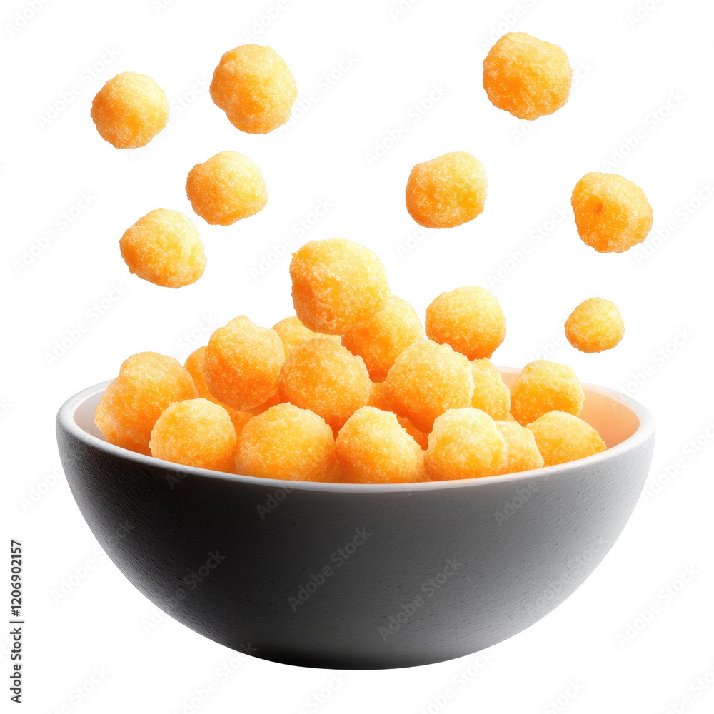 Bowl Of Cheese Puffs With Floating Cheese Powder On Transparent Png ...