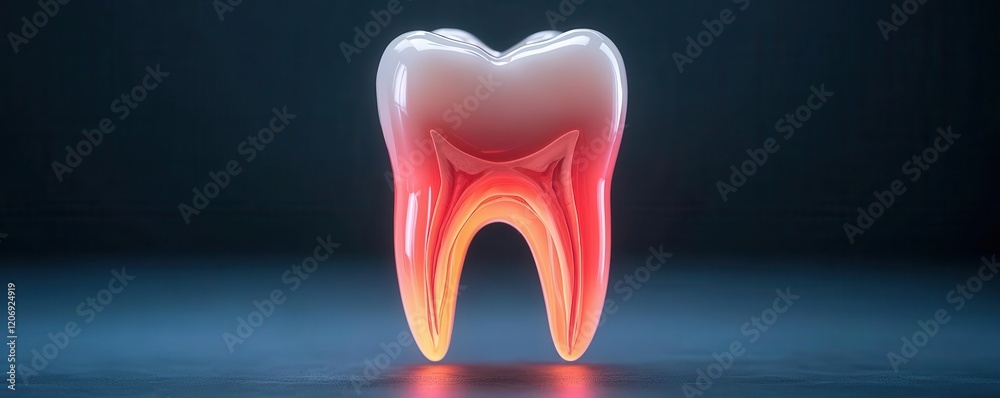 Glowing anatomical model of a tooth, showcasing root canals and pain ...