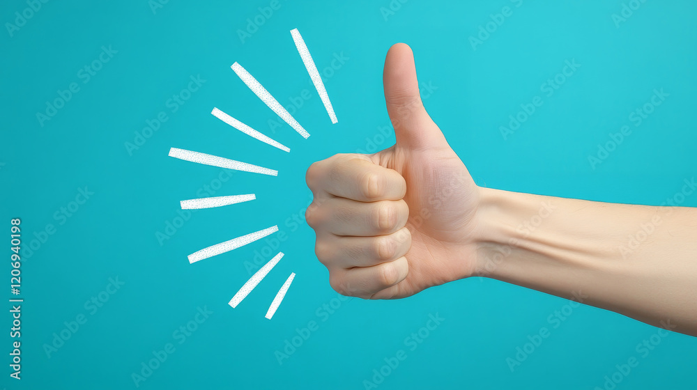 Side view of a thumbs-up gesture, surrounded by comic-style action ...