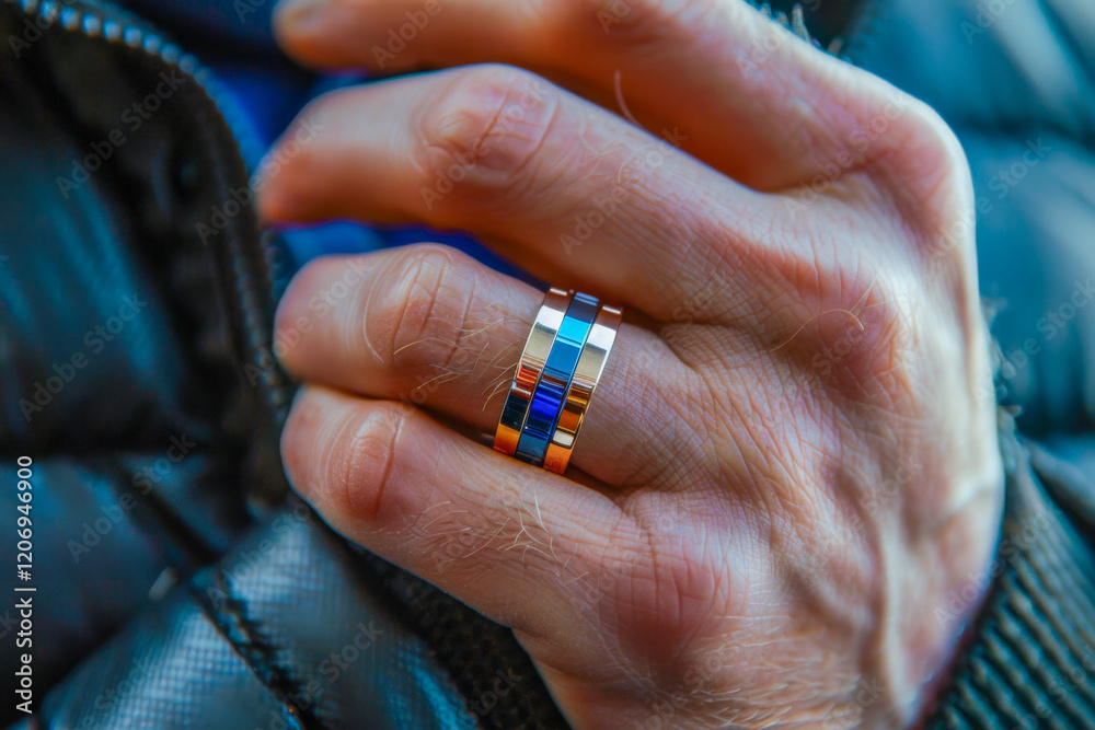 A mans hand is shown with a focus on a sleek smart ring worn on the ...