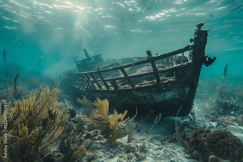 Underwater view of an old sunken ship on seabed with fish swimming ...