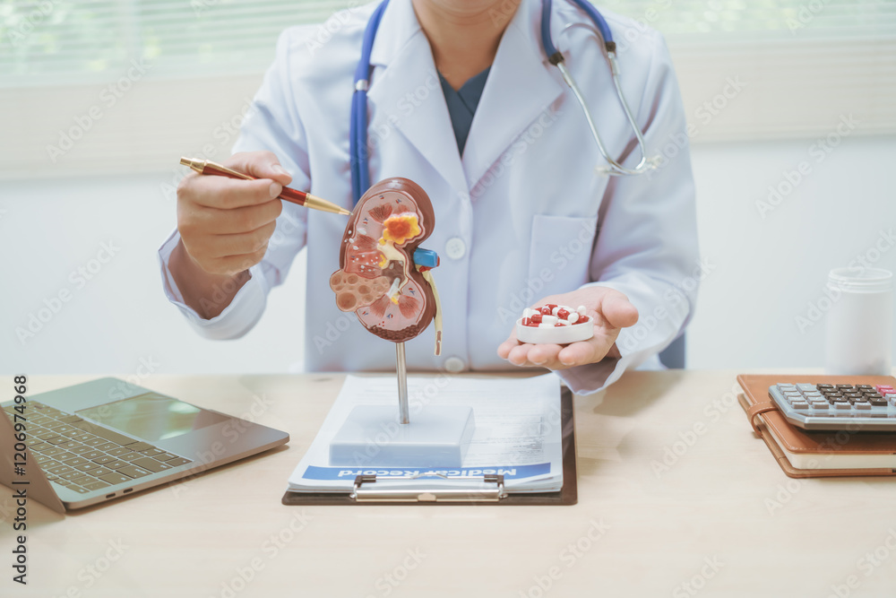 Male doctor treating kidney disease at a hospital table,discussing ...