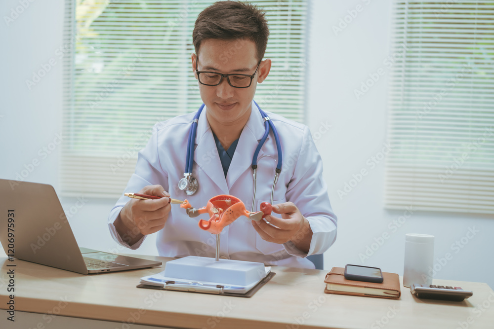 Male doctor treating female uterine diseases at hospital table ...