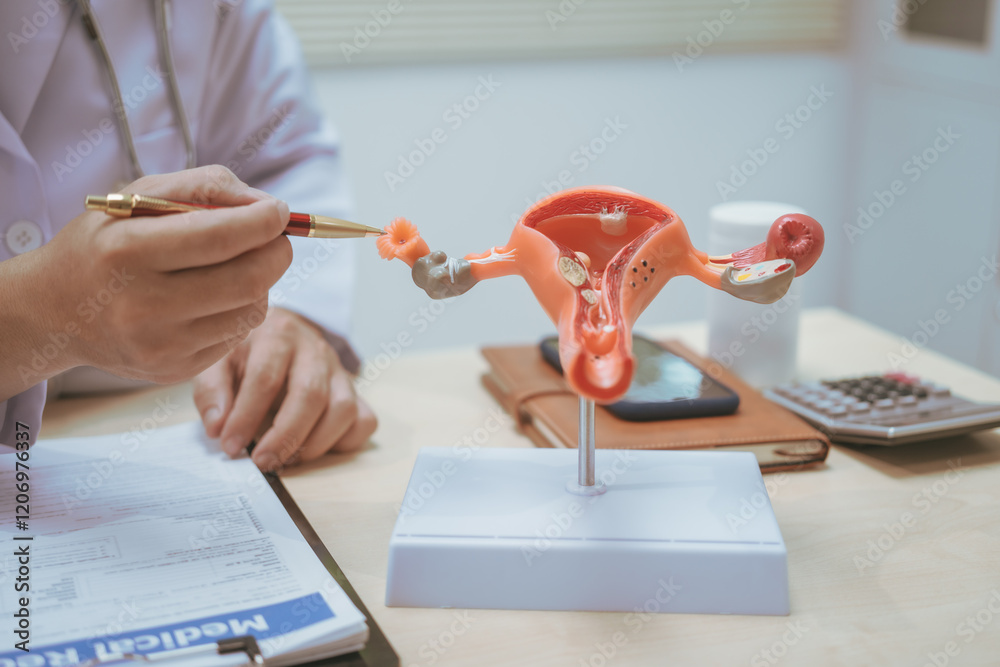 Male doctor treating female uterine diseases at hospital table ...