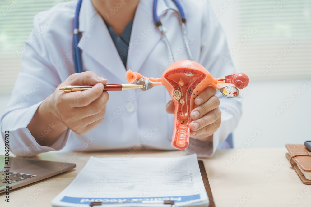 Male doctor treating female uterine diseases at hospital table ...