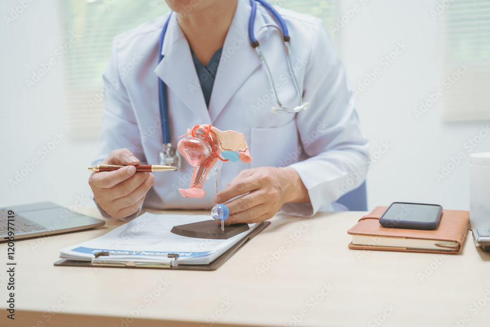 Male doctor treating female uterine diseases at hospital table ...