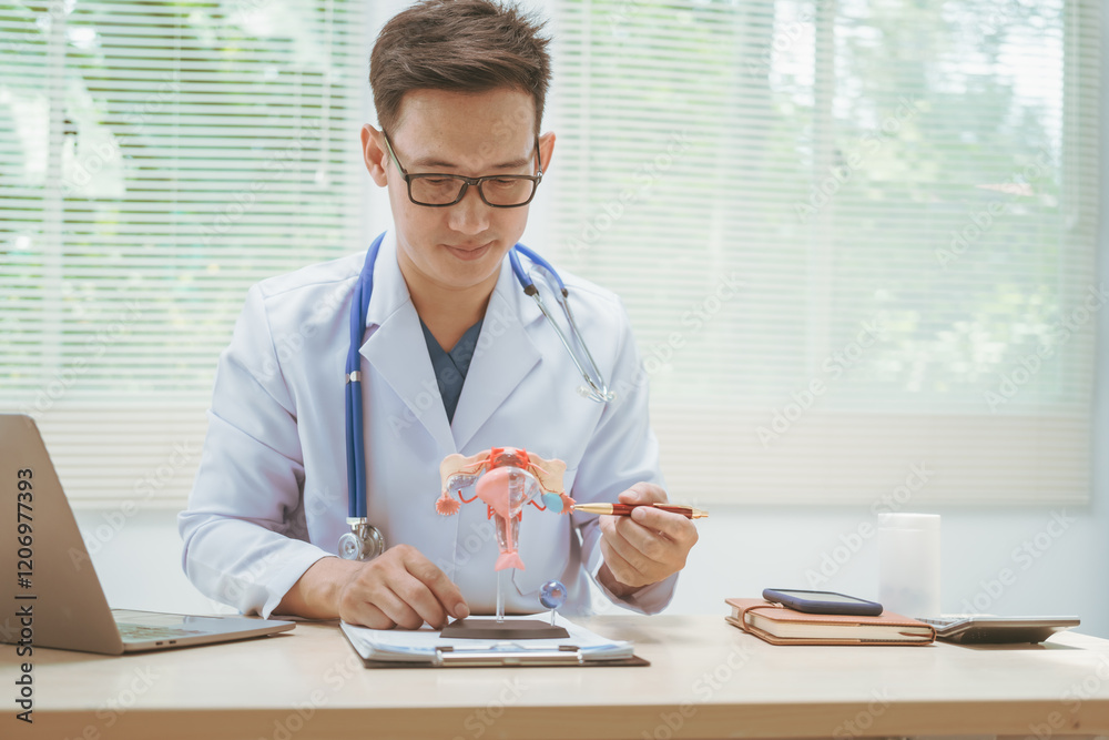 Male doctor treating female uterine diseases at hospital table ...