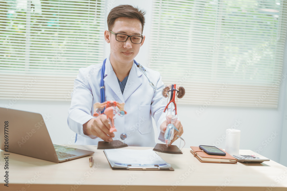 Male doctor treating female uterine diseases at hospital table ...