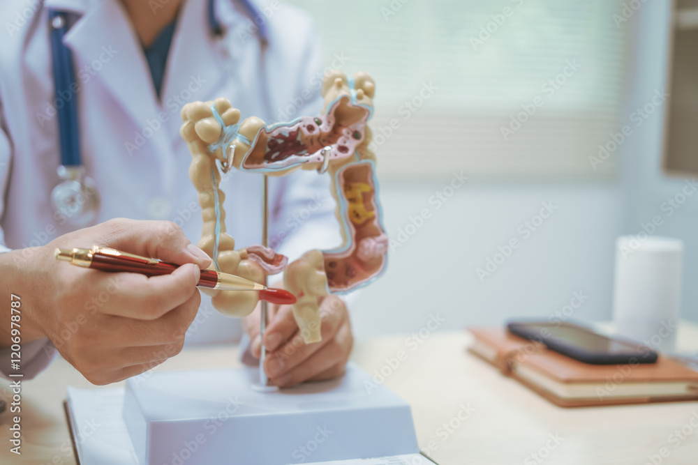 Male doctor treating intestinal diseases at a hospital table ...