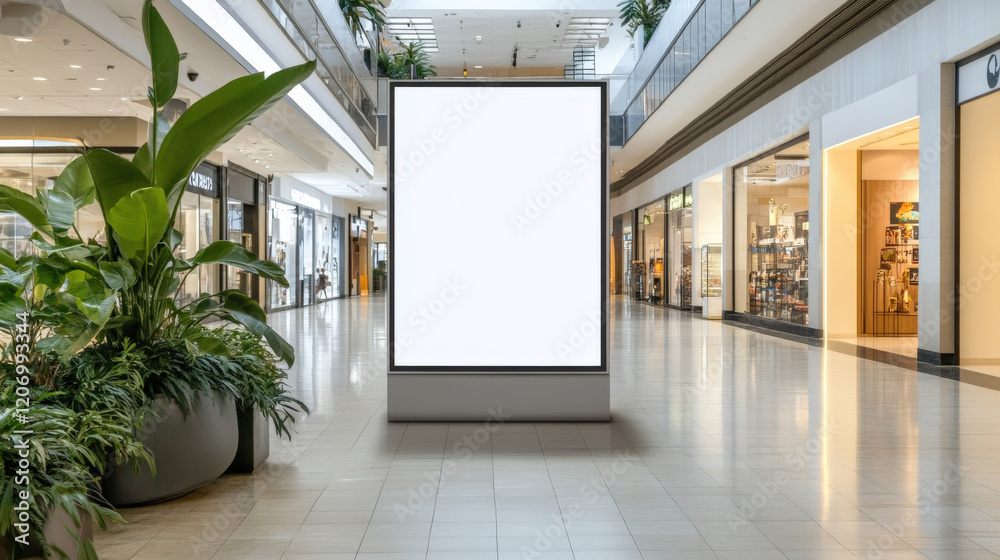 blank billboard in shopping mall surrounded by greenery and stores ...