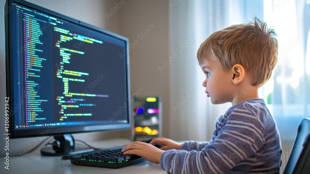 young boy coding on computer, focused on screen displaying colorful ...