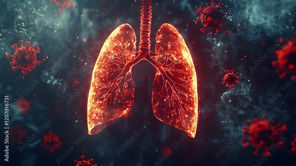 Transparent Glowing X ray of Human Lungs Surrounded by Floating Viruses ...