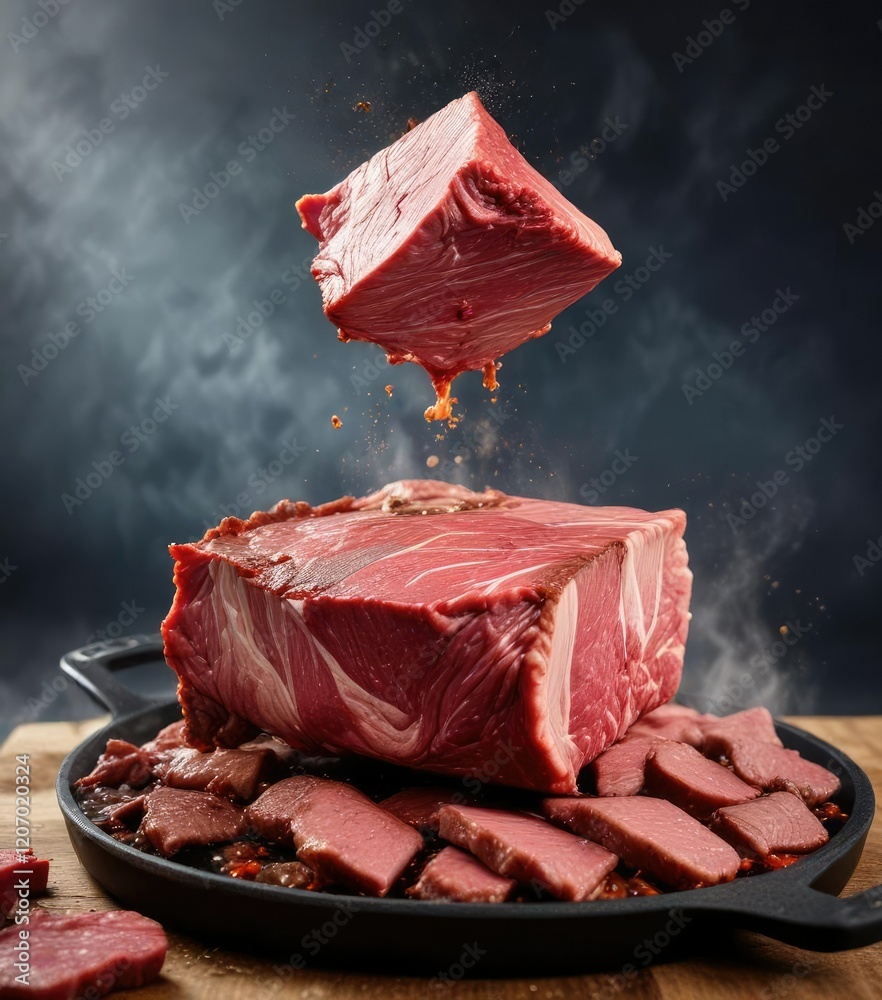 Beef milled meat flying from a hot pan as it reaches its peak doneness ...