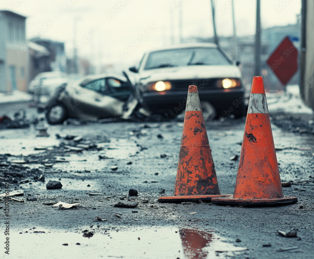 Car crash on a rainy street with traffic cones marking the accident ...