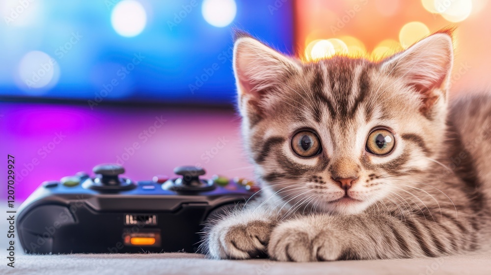 Gamer Cat: A cute tabby kitten with wide, curious eyes stares intently ...