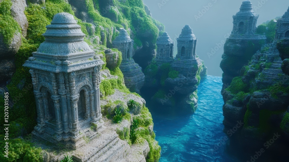Enchanted River Valley: Ancient stone structures, draped in vibrant ...