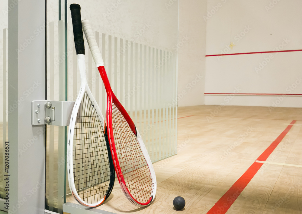 Sports, above and racket on squash court for competition, challenge and ...