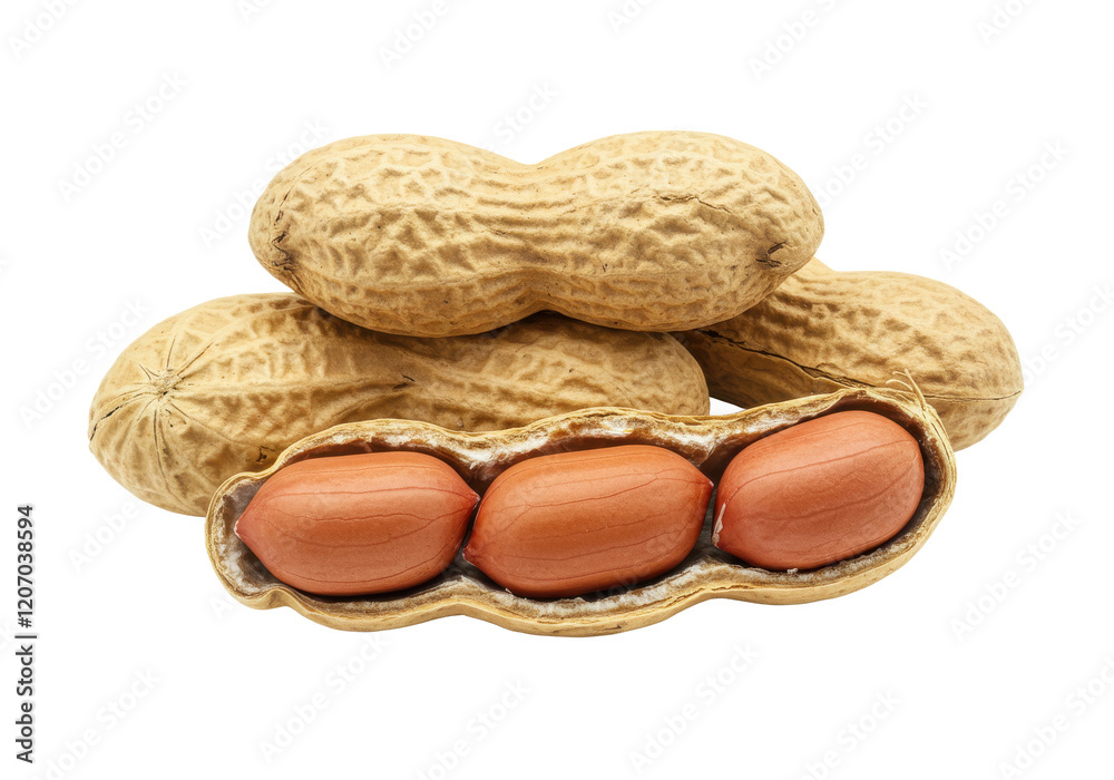 Whole and open peanut shells revealing two peanuts inside, isolated on ...