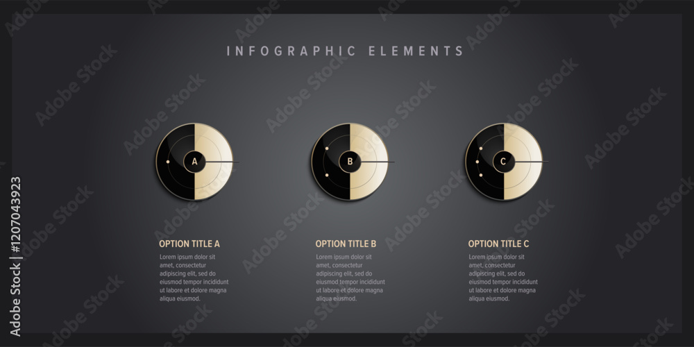 Business process chart infographics with 3 step spheres. Round workflow ...