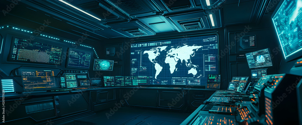 The inside of a cutting-edge command center, featuring digital dashboards and screens ...