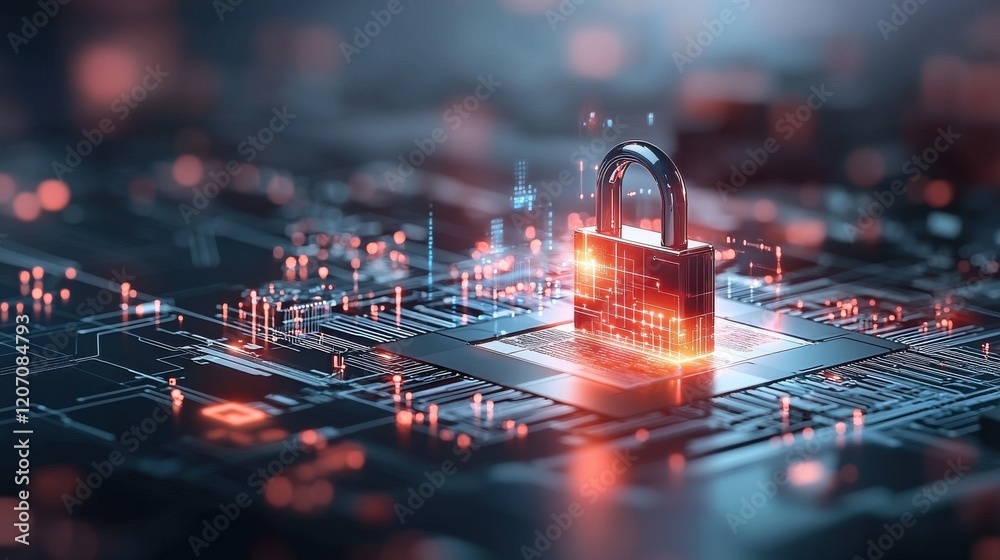 Digital security symbolism a glowing lock in a virtual landscape ...