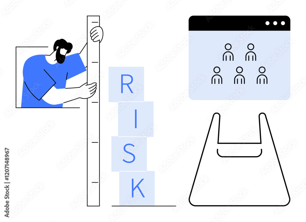 Person measuring cubes labeled RISK, abstract meeting interface, and ...