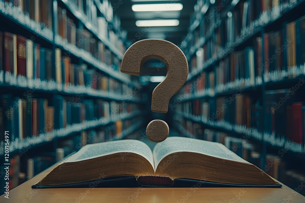 Open Book with Question Mark in Library for Educational Research and Knowledge Support Stock ...