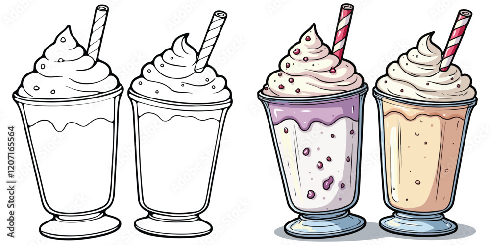 Milkshake Line Art Vector Illustration Black and White with Coloring ...